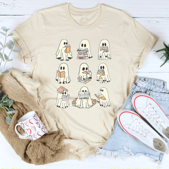 Halloween Ghost Book Lover Tee Soft Cream S Peachy Sunday T-Shirt ...