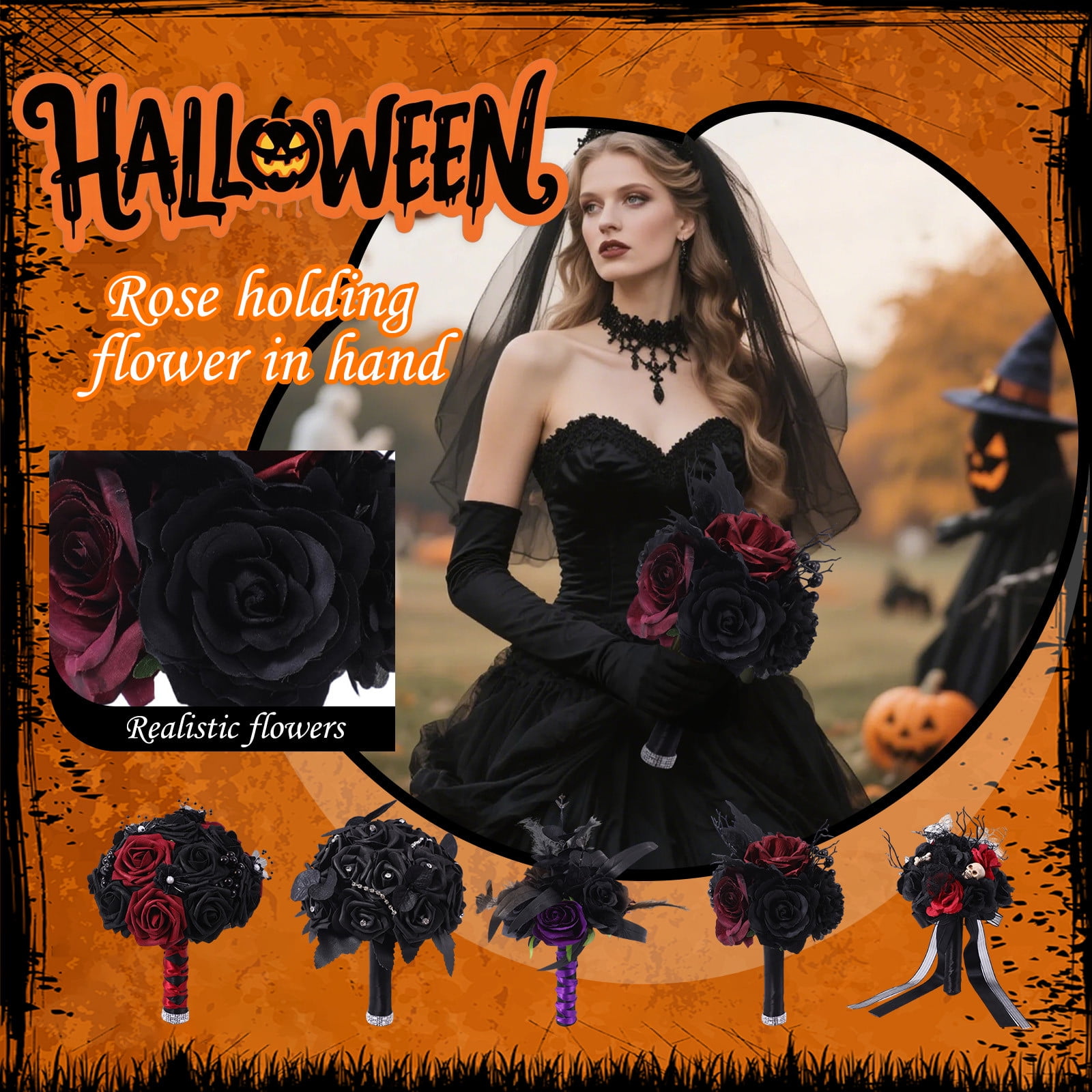 Halloween Ghost Bride Decorative Rose Bouquet Gothic Black and Red ...