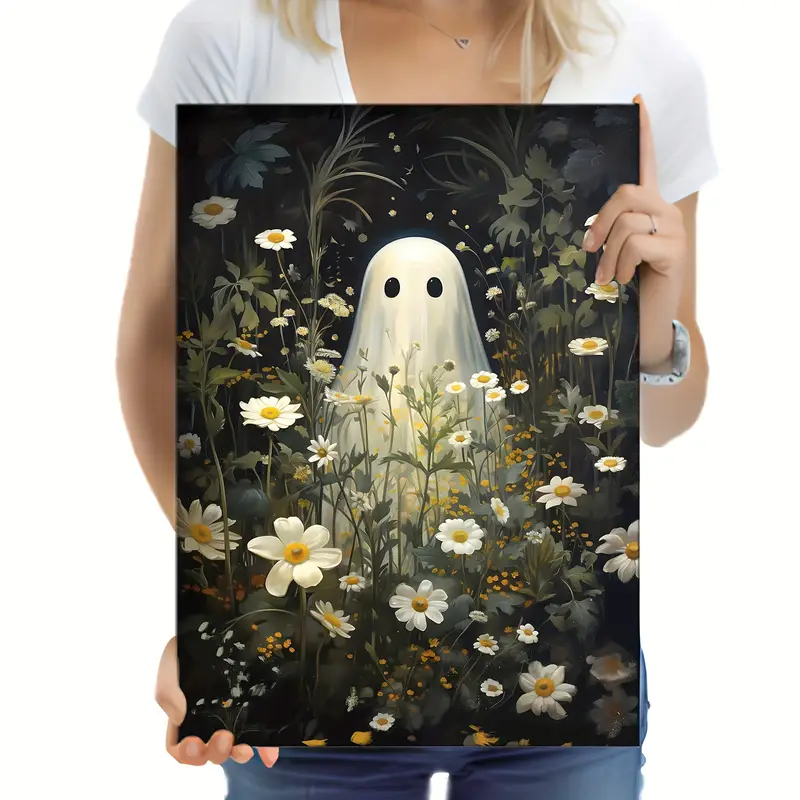 Halloween Ghost Canvas Wall Art with Daisy Flowers Cute Spooky Seasonal ...