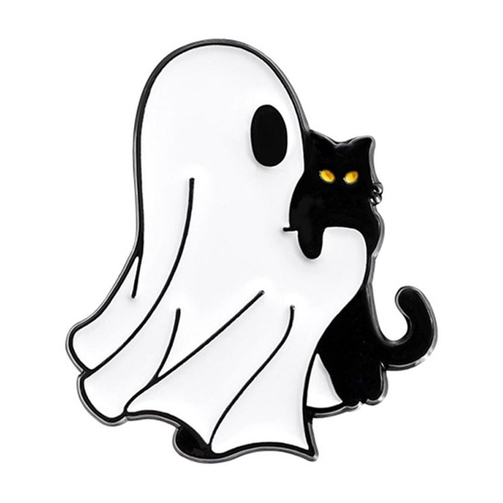 Halloween Ghost Cat Lapel Pins, White Ghost Black Cat Lapel Pins ...