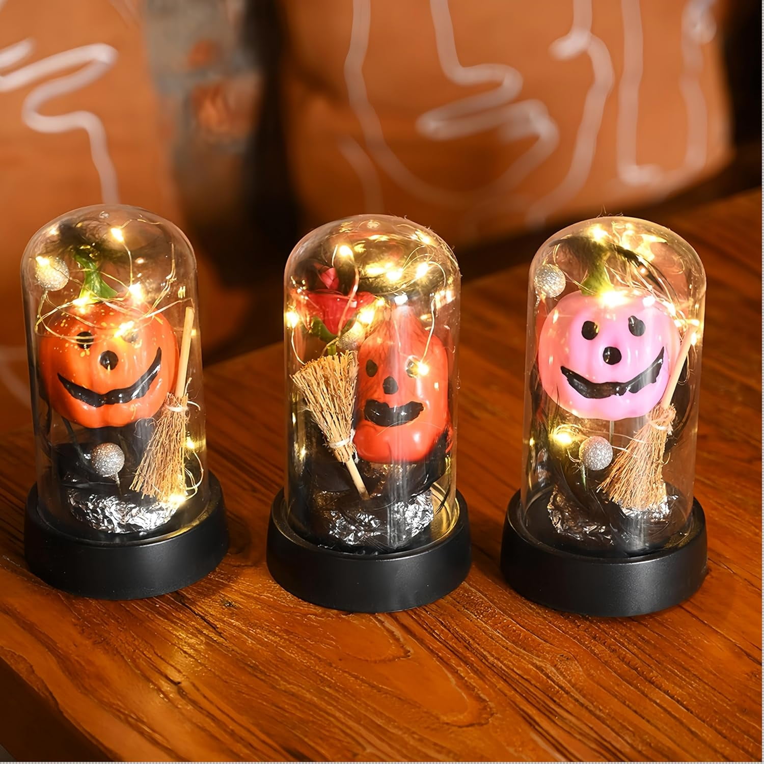 Halloween Ghost Decor Light – Light up Pumpkin in Glass Cloche,Cute ...