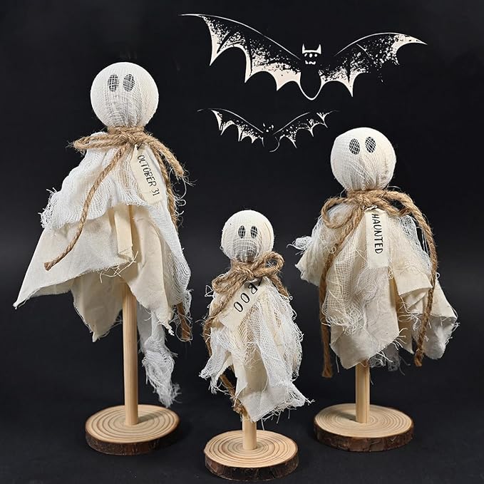 Halloween Ghost Decoration - Primitive Ghosts on Wooden Stand, 3 Pcs ...