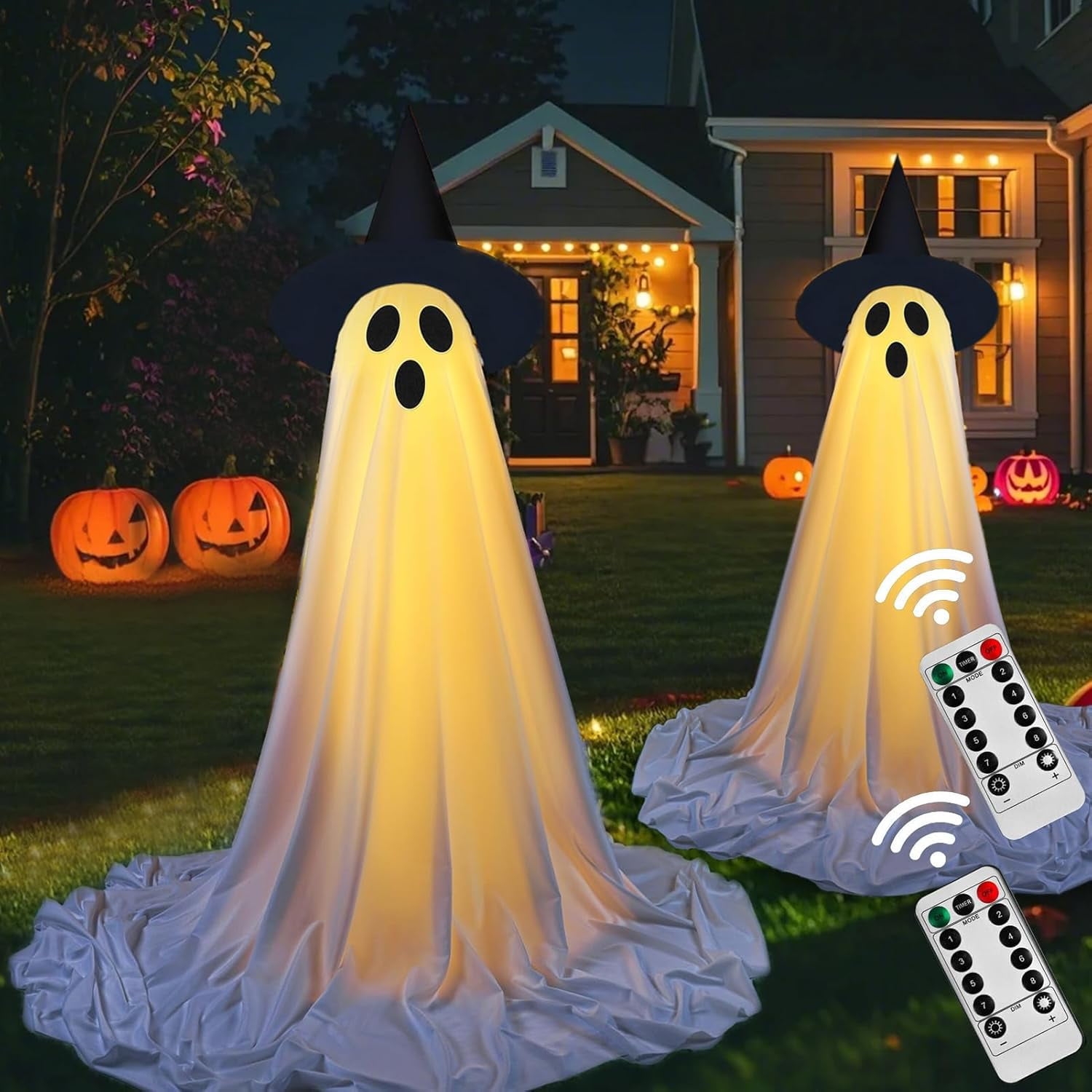 Halloween Ghost Decorations - 2 Pack Adjustable Height LED Light-Up ...