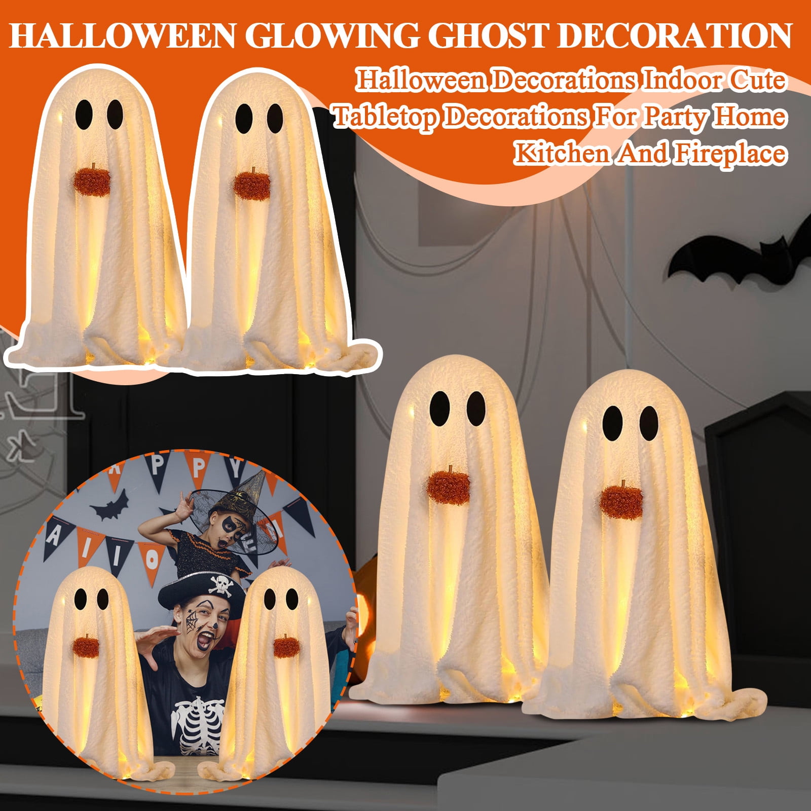 Halloween Ghost Decorations 2 Pack Light-Up Sherpa Ghosts with Pumpkin ...