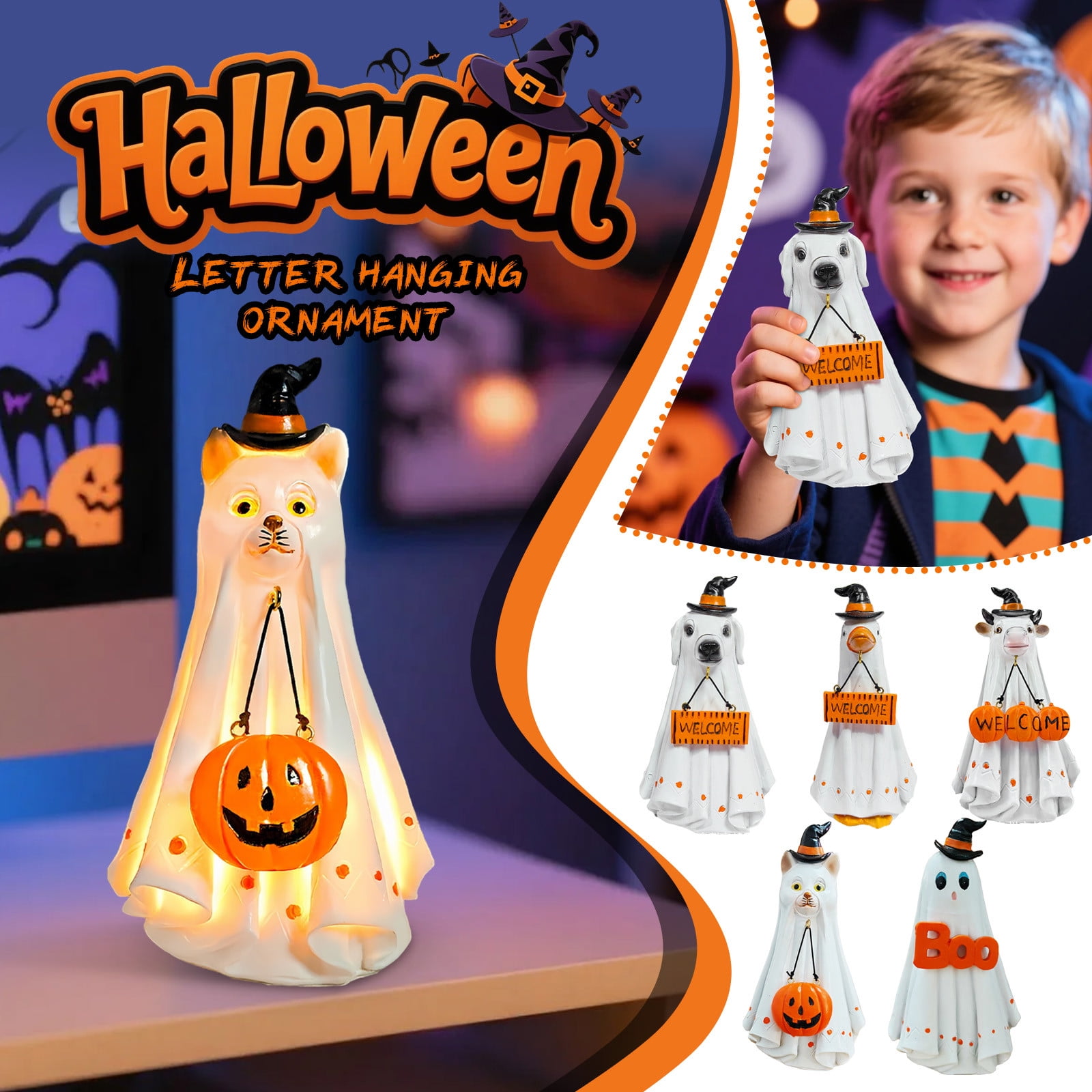 Halloween Ghost Decorations,Halloween Pumpkin & Witch Hat Garden Statue ...