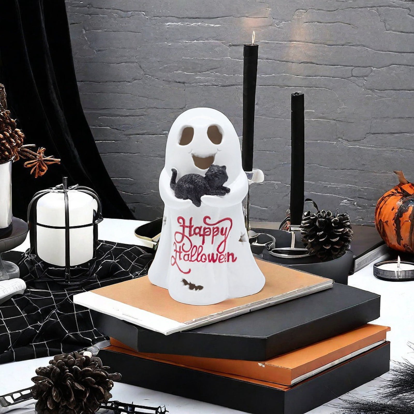 Halloween Ghost Figurine Decor, Cute Black Cat Ghost Decorations, Resin ...