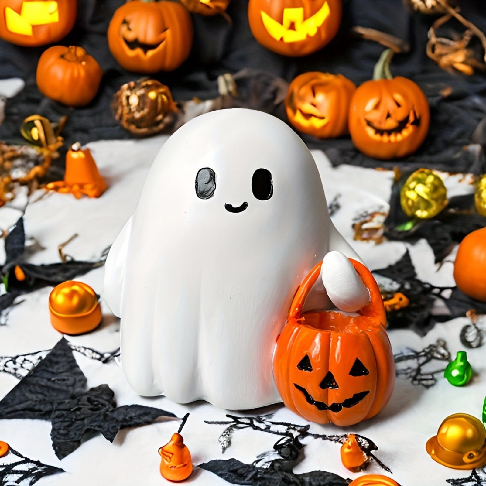 Halloween Ghost Figurine with Pumpkin Bucket, Resin Polished Cute Ghost ...