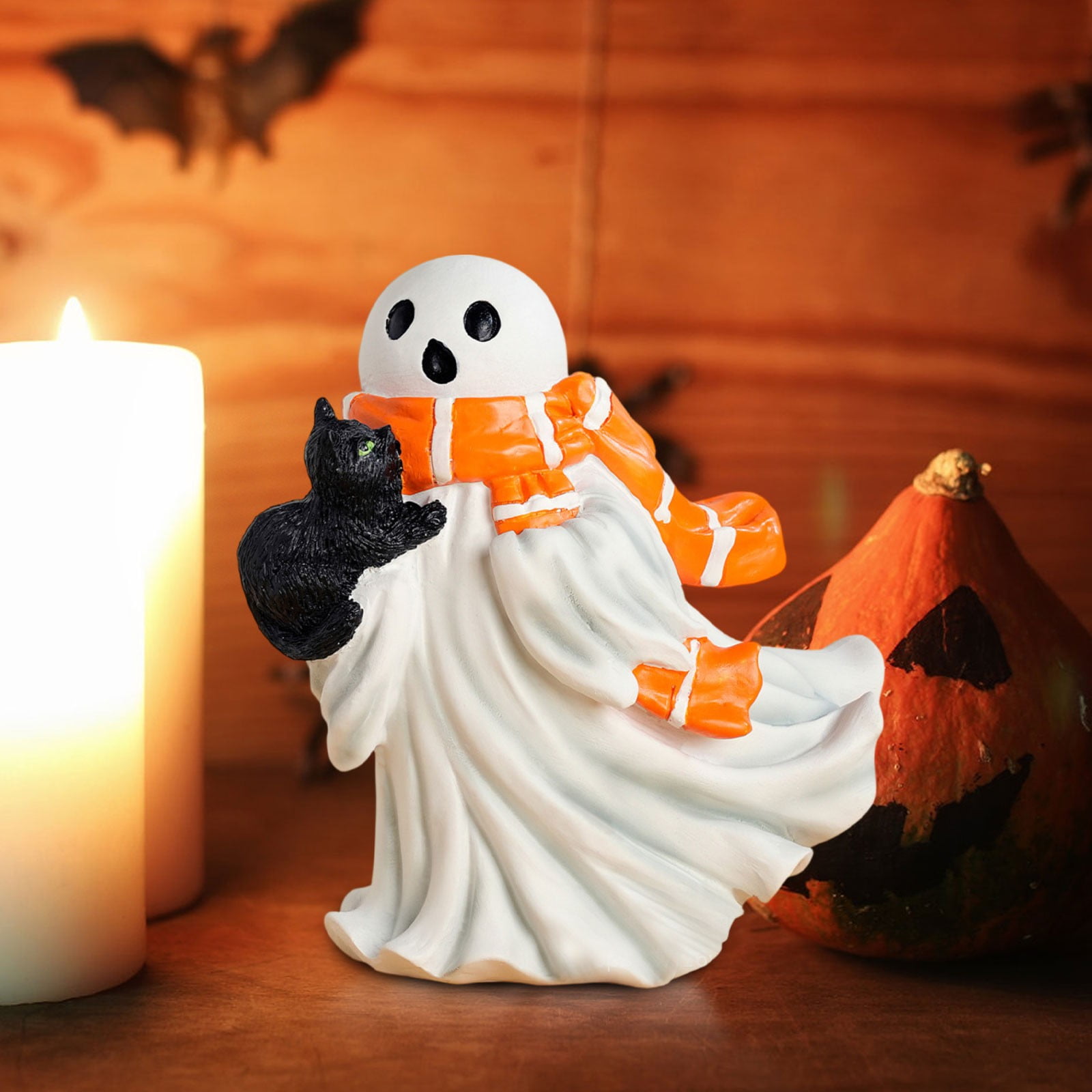 Halloween Ghost Figurine with Black Cat and Orange Scarf – Hand-Painted ...