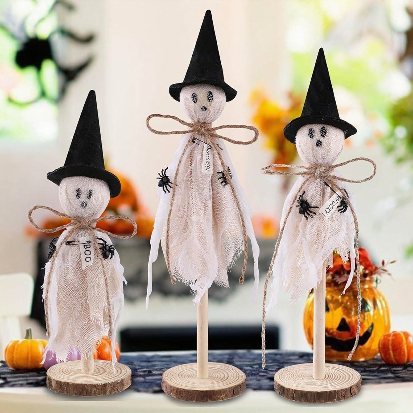 Halloween Ghost Figurines Set of 3, Handmade Wooden Ghosts with Witch ...