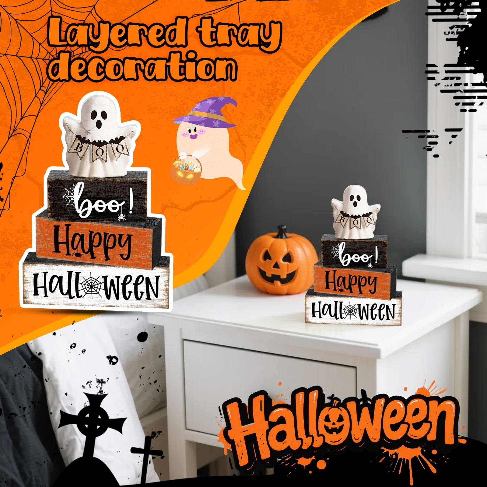Halloween Ghost Holding Banner Tiered Tray Decor Kit Adorable Halloween ...
