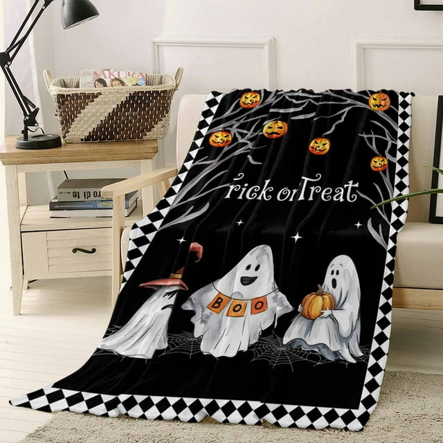 Halloween Ghost Horror Boo Pumpkin Black Plaid Trick Or Treat Throw Flannel Blanket 40x60In ...