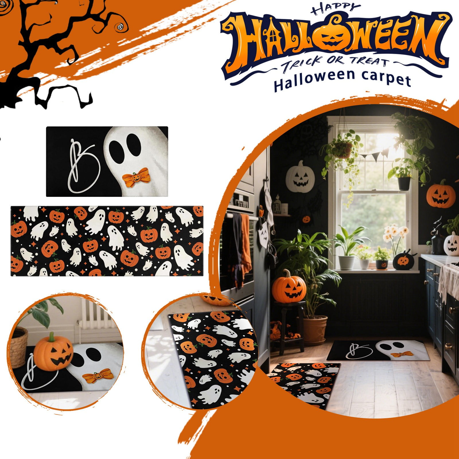 Halloween Ghost Kitchen Rugs Set of 2, Non-Slip Soft Floor Mats, Cute ...