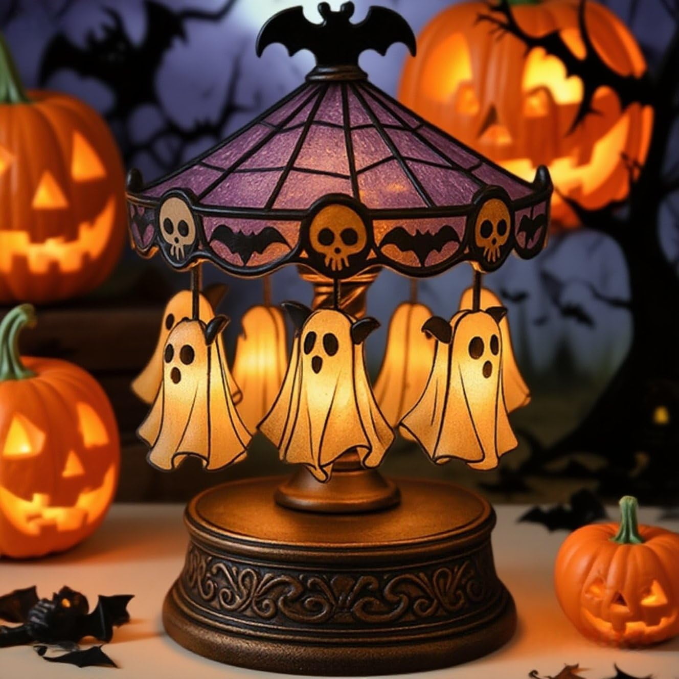 Halloween Ghost Lamp,Ghost Carousel Light Halloween Desk Lamp Stained ...