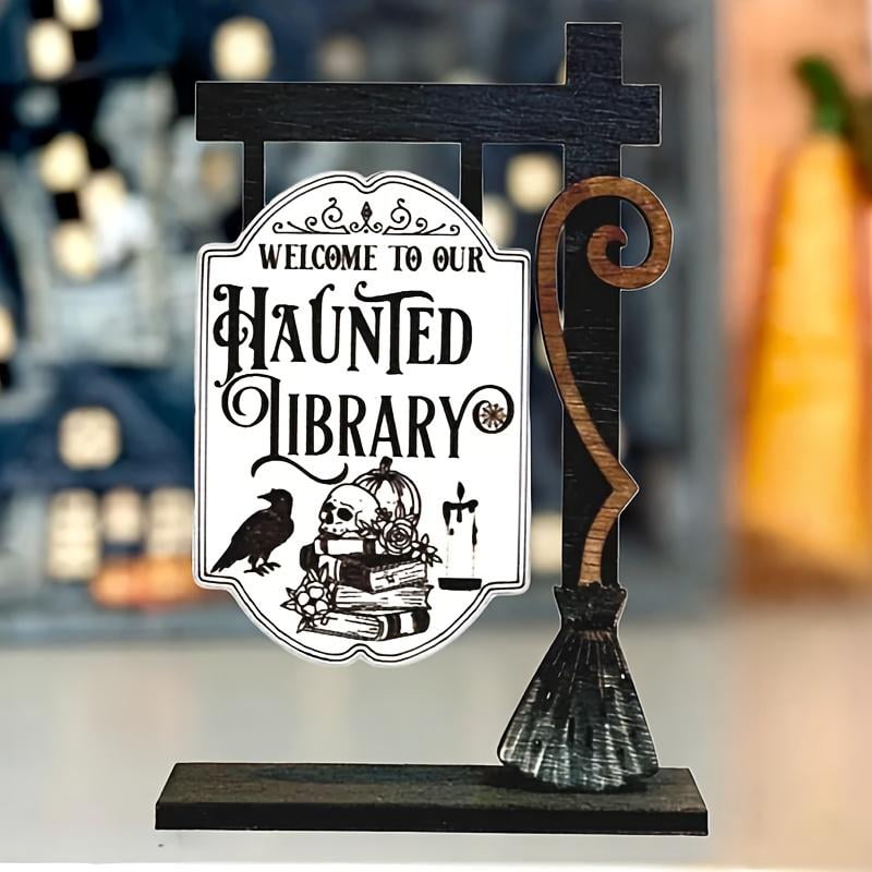 Halloween Ghost Library Decor, Gothic Wood Sign with Skull, Crow and ...