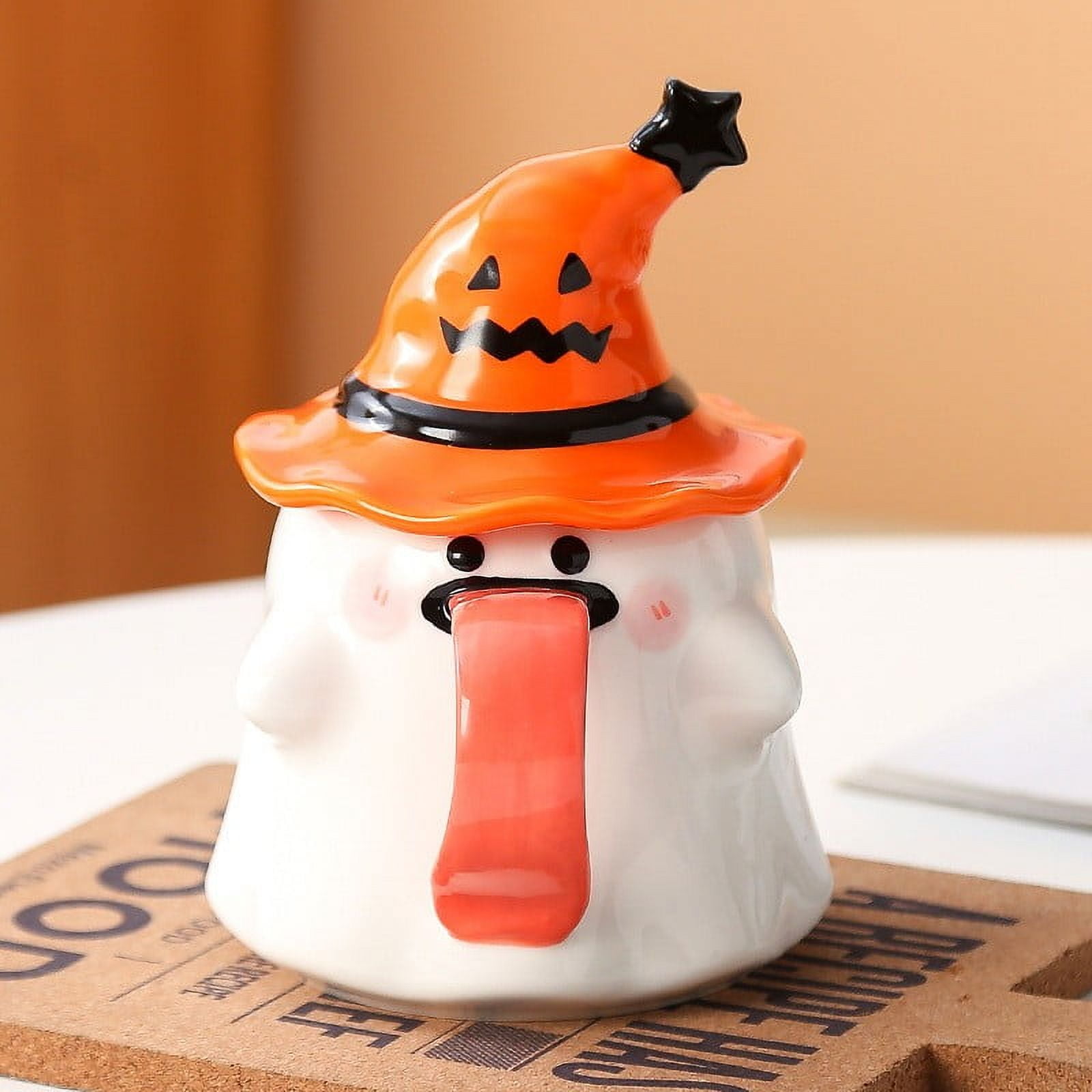 Halloween Ghost Mug with Witch Hat Lid, Cute Ceramic Tongue Sticking ...