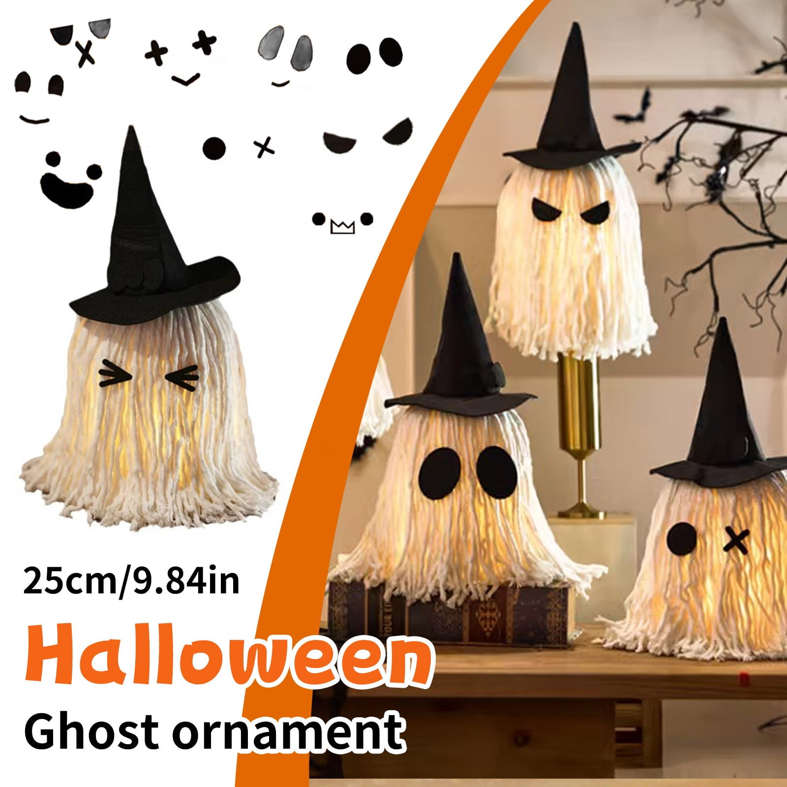 Halloween Ghost Ornaments with Witch Hats - Set of 4 Spooky LED Glow in ...