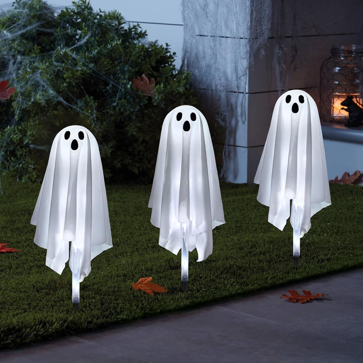 Halloween Ghost Pathway Stake Lights, 3 Pack White Cloth Ghost Decor ...