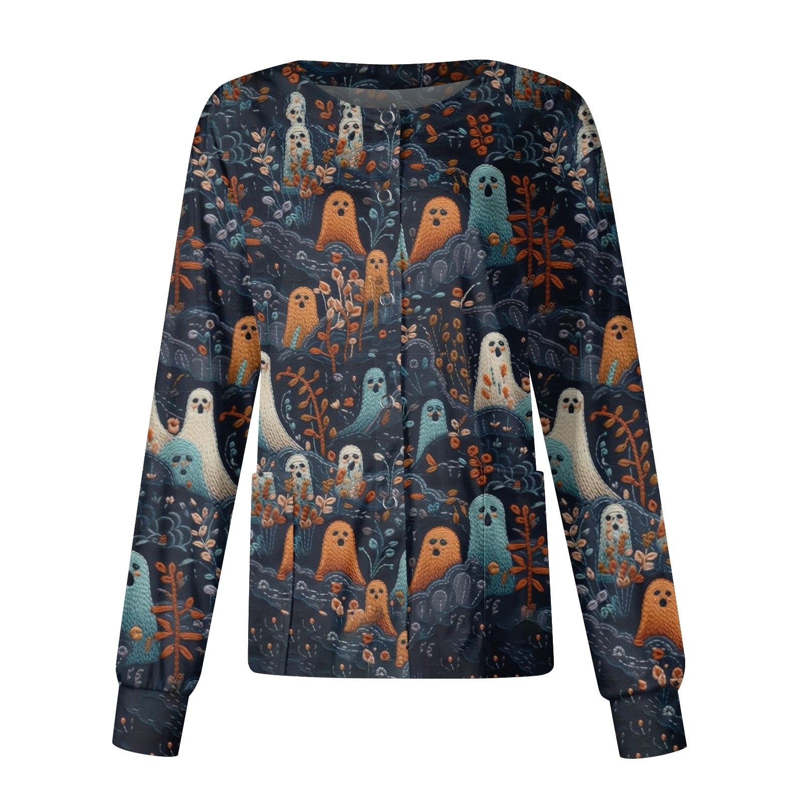 Halloween Ghost Print Long Sleeve Scrub Tops for Women and Scrub ...