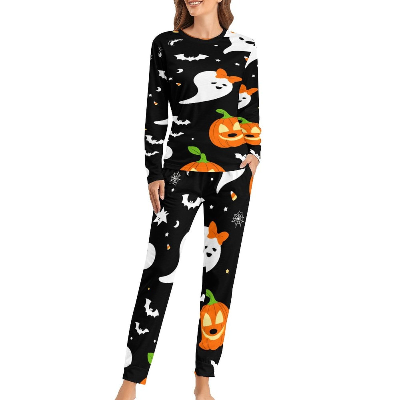 Halloween Ghost Pumpkin Bat Star Printed Pajama Set for Couples, Women ...