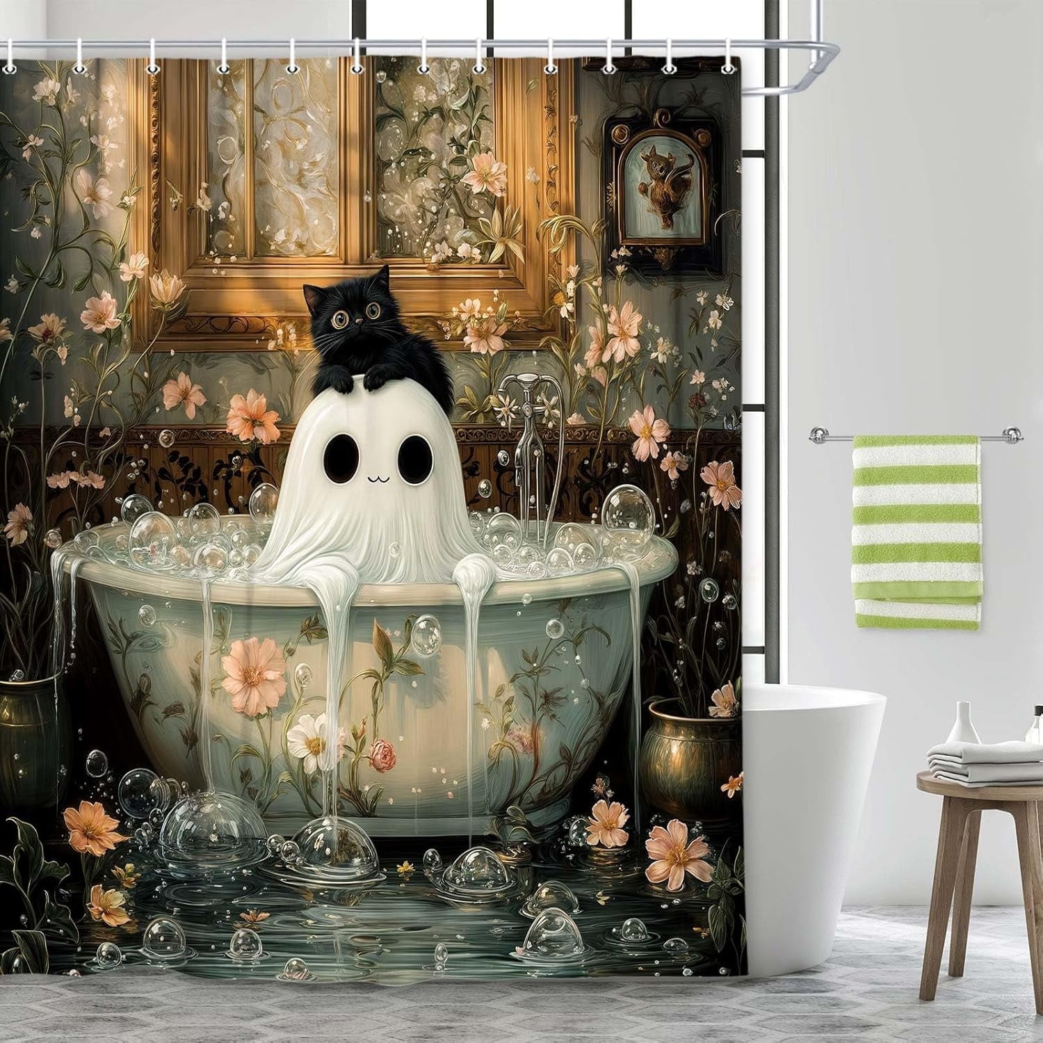 Halloween Ghost Shower Curtain for Bathroom, Funny Cat Gothic ...