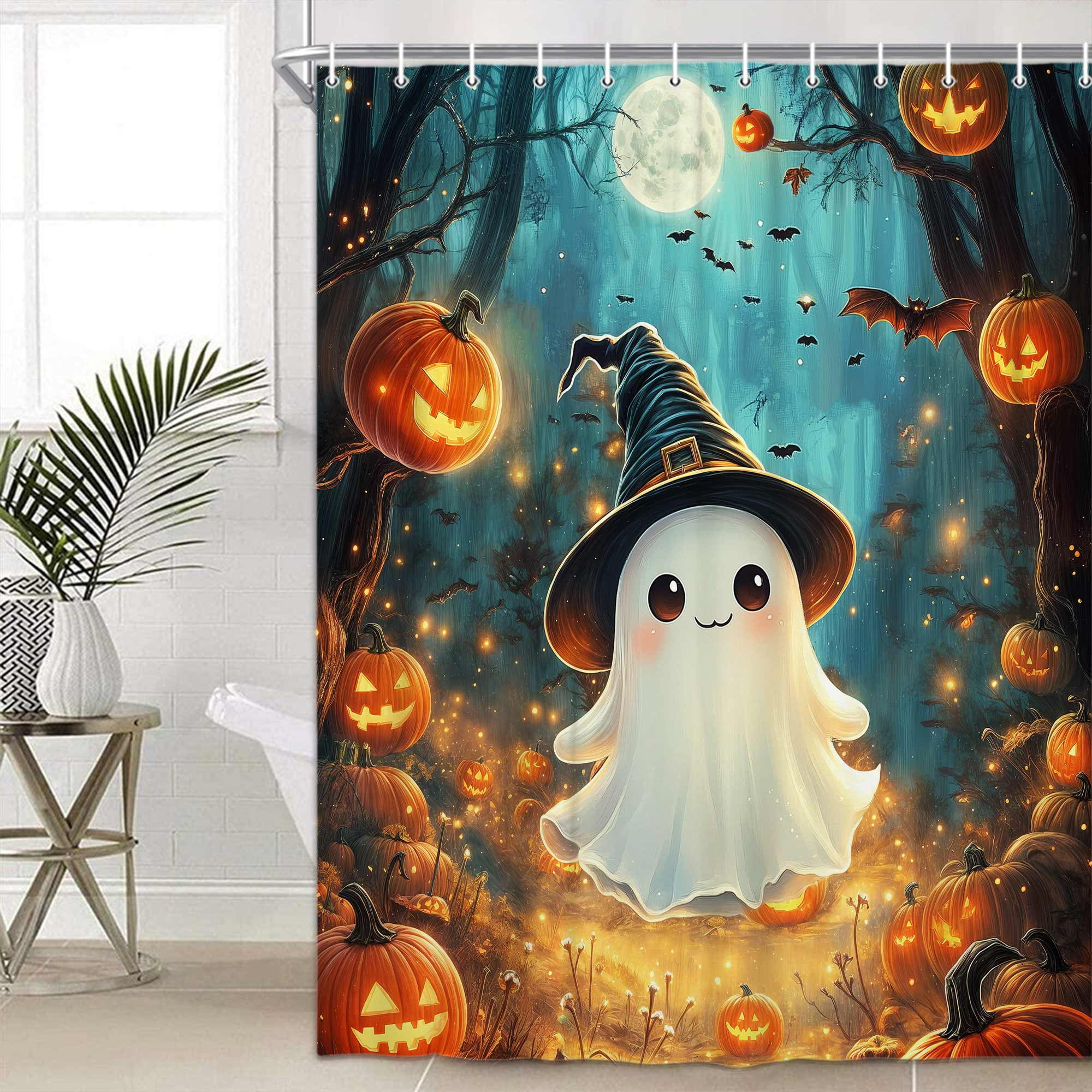 Halloween Ghost Shower Curtain, Cute Funny Ghosts Pumpkin Full Moon ...
