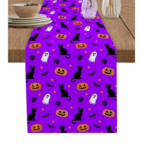 Halloween Ghost Table Runner 72 Inches, Purple Orange Pumpkin Cat Stars ...