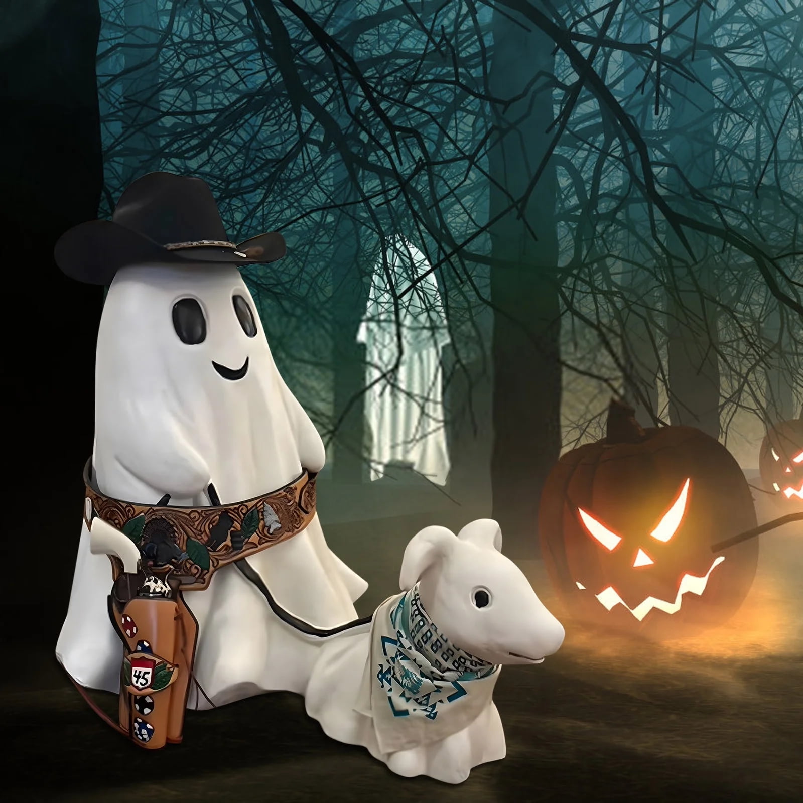 Halloween Ghost Walking Dog Statue, 5.9-Inch Cute Cowboy Ghost Statue ...