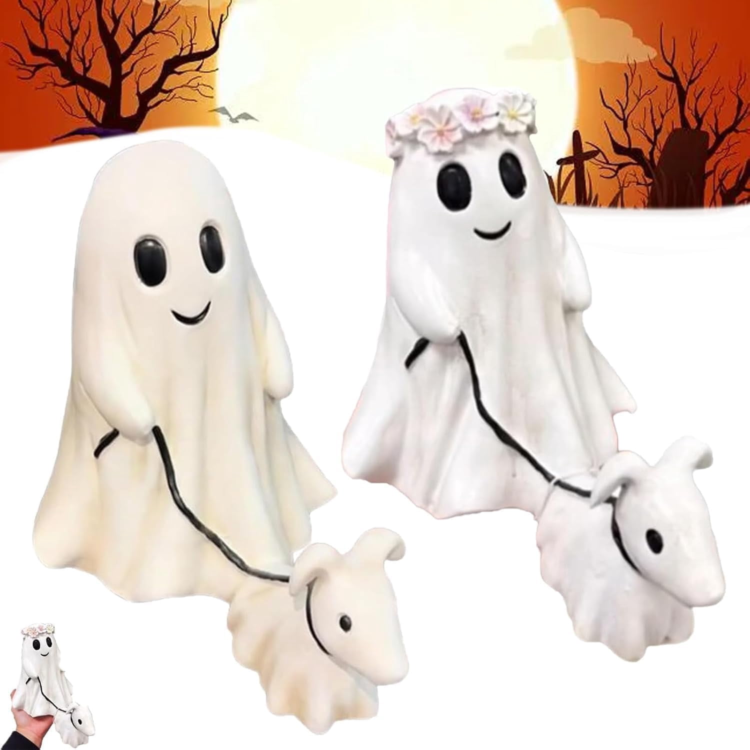 Halloween Ghost Walking Dog Statue: Funny Ghost Walking His Ghost Dog ...