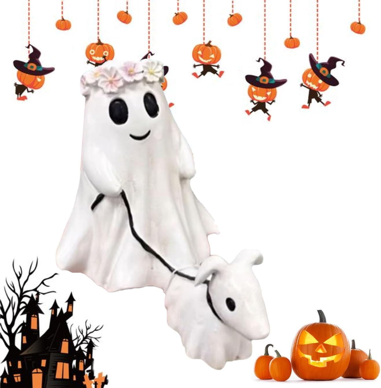 Halloween Ghost Walking Dog Statue: Ghost Walking His Ghost Dog, Goblin ...