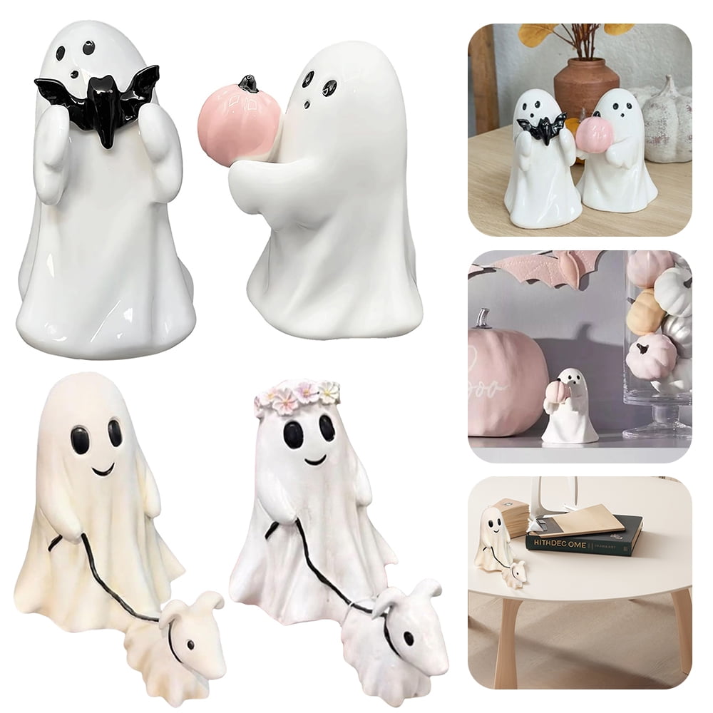 Halloween Ghost Walking Dog Statue Halloween Ghost Hold Pumpkin Bat ...
