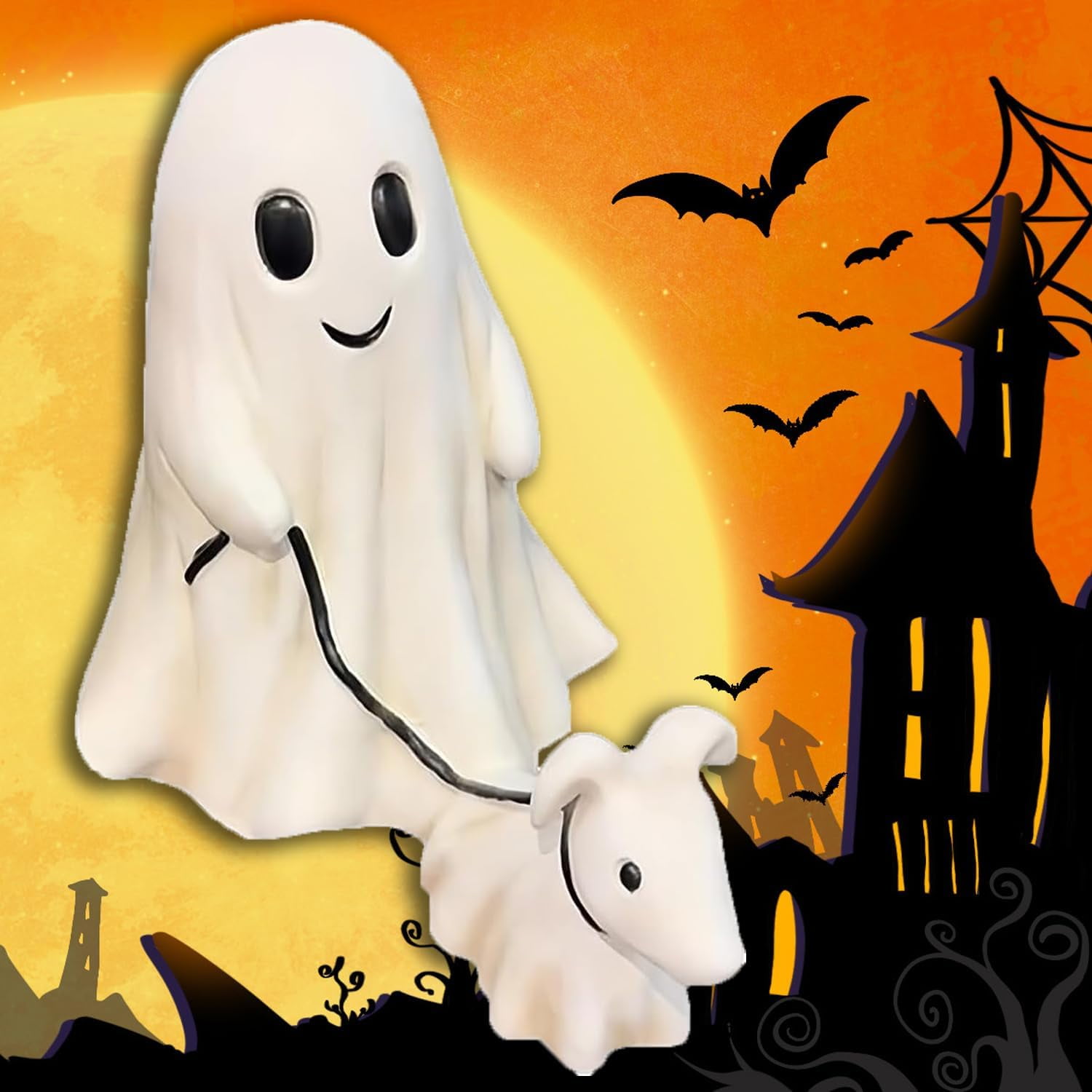 Halloween Ghost Walking Dog Statue, Ghost Walking His Ghost Dog, Cute ...