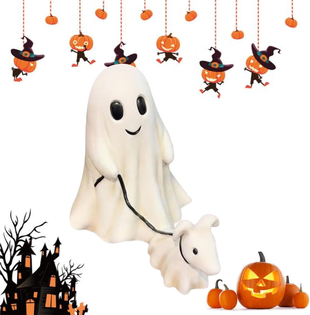 Halloween Ghost Walking Dog Statue: Ghost Walking His Ghost Dog, Goblin ...