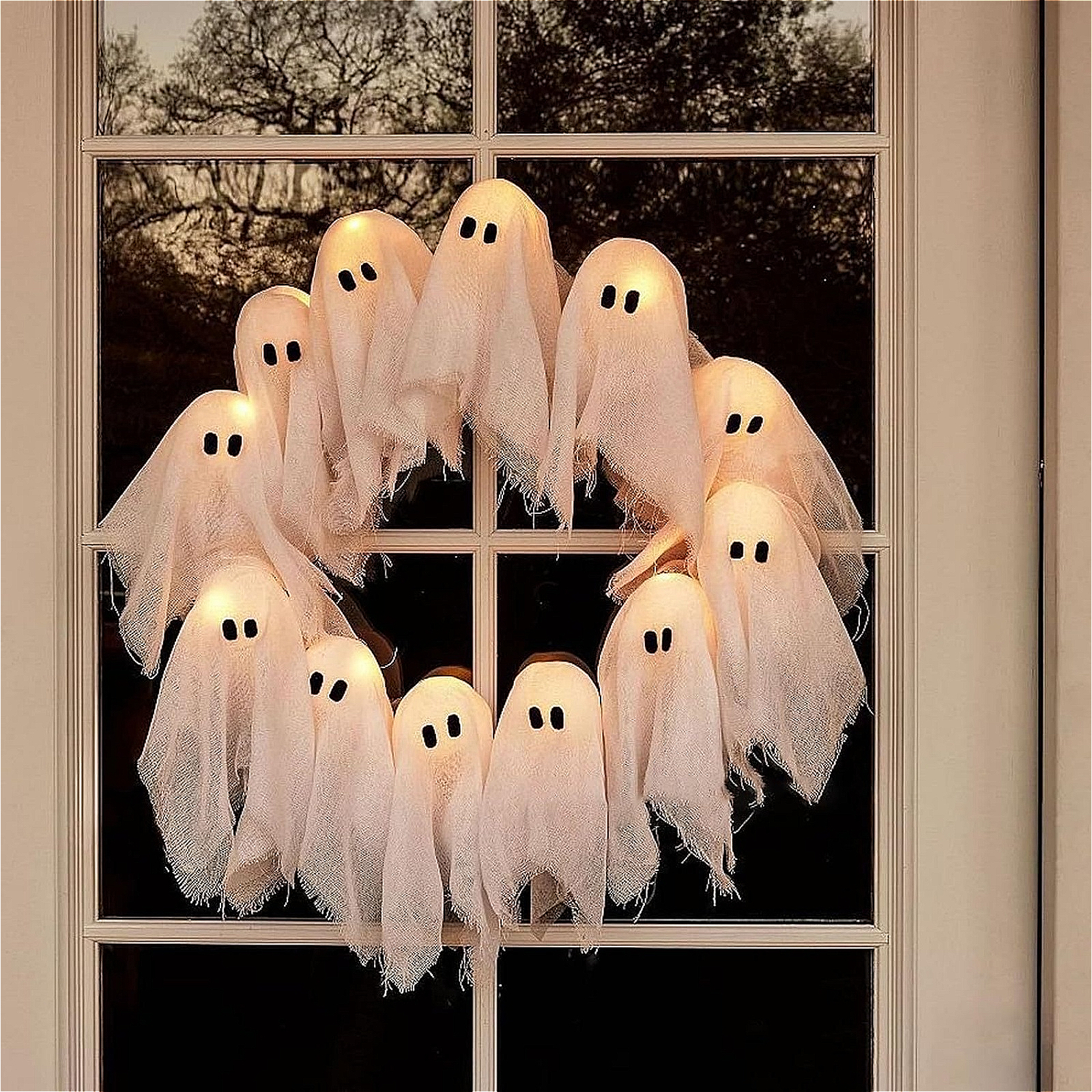 Halloween Ghost Wreath, 12 LED Light-Up White Ghost Garland, Spooky ...