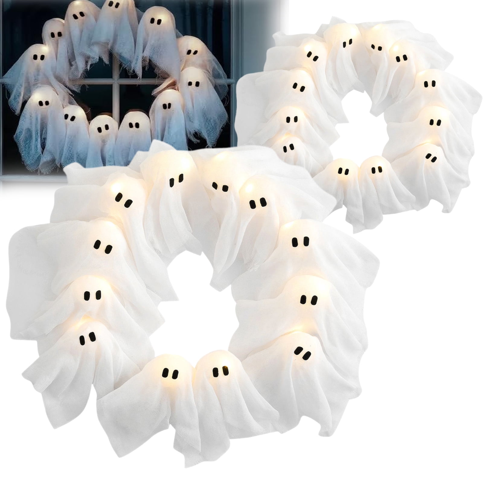 Halloween Ghost Wreath 12 LED Light-Up White Ghost Garland Spooky ...