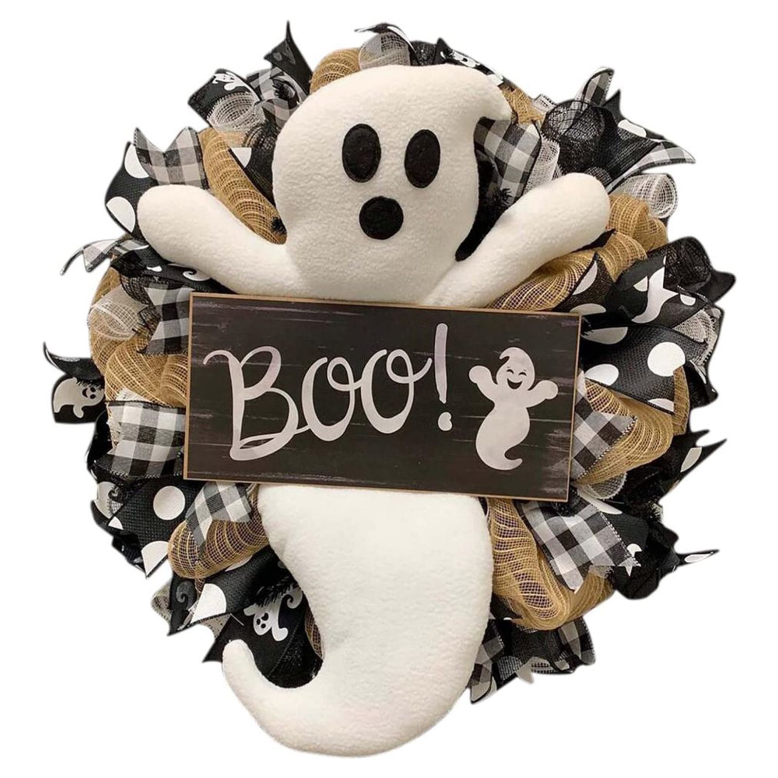 Halloween Ghost Wreath Boo Hanging Door Sign Plaid Ribbons Boo Ghost ...