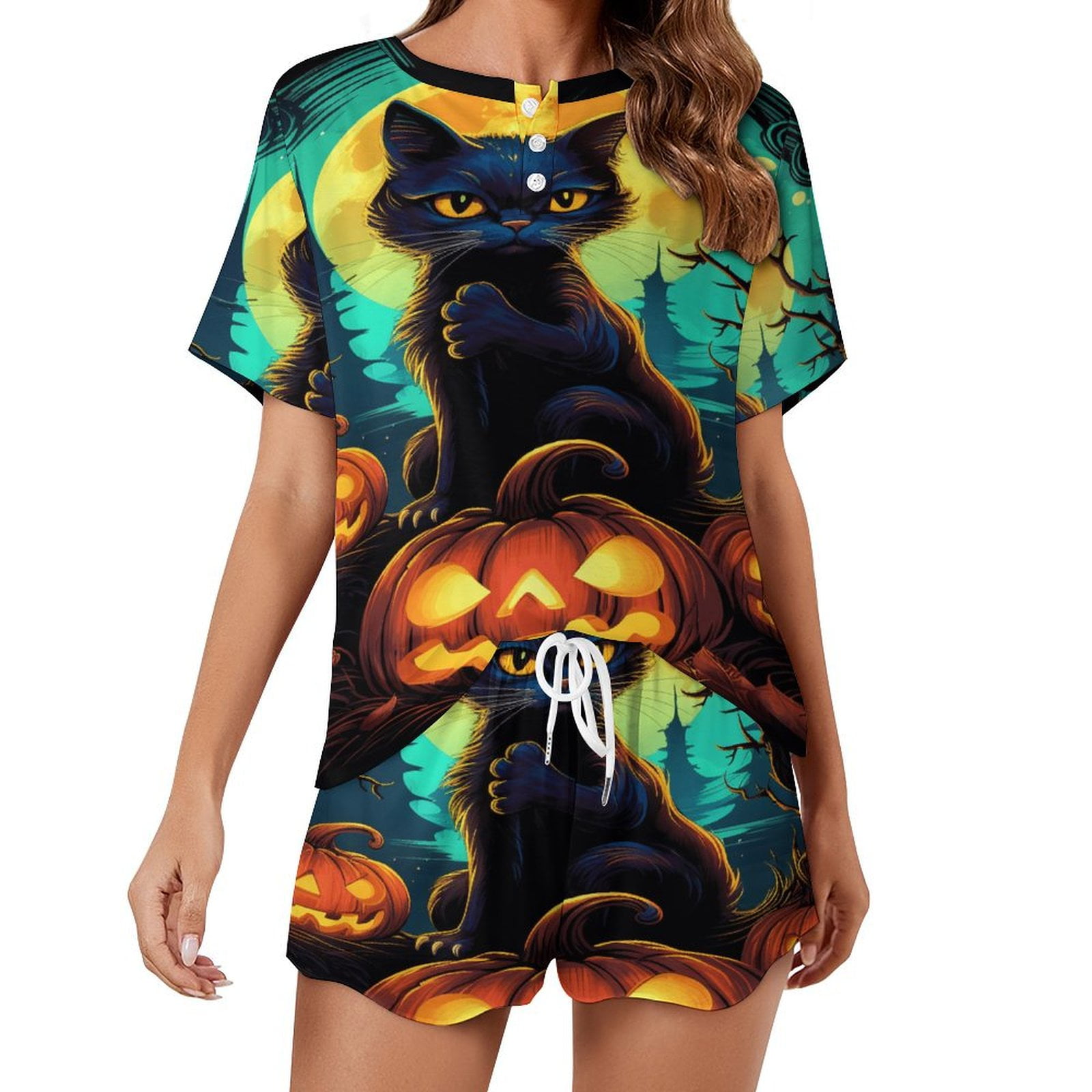 Halloween Ghosts Horror Pumpkin Pajama Set for Women 2 Piece Sleepwear Loungewear Short Sleeve ...