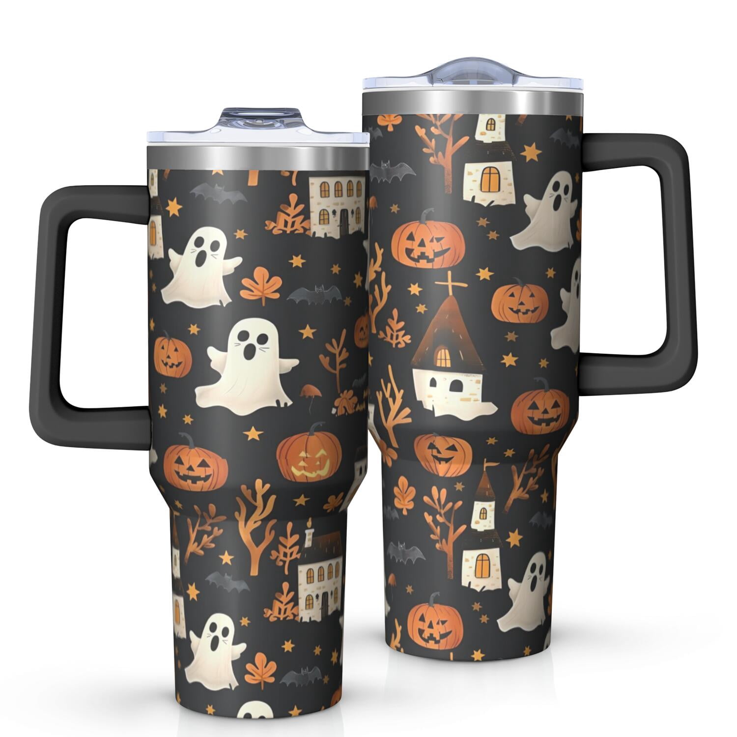 Halloween Ghosts Pumpkins and Haunted Houses Tumbler with Handle and ...