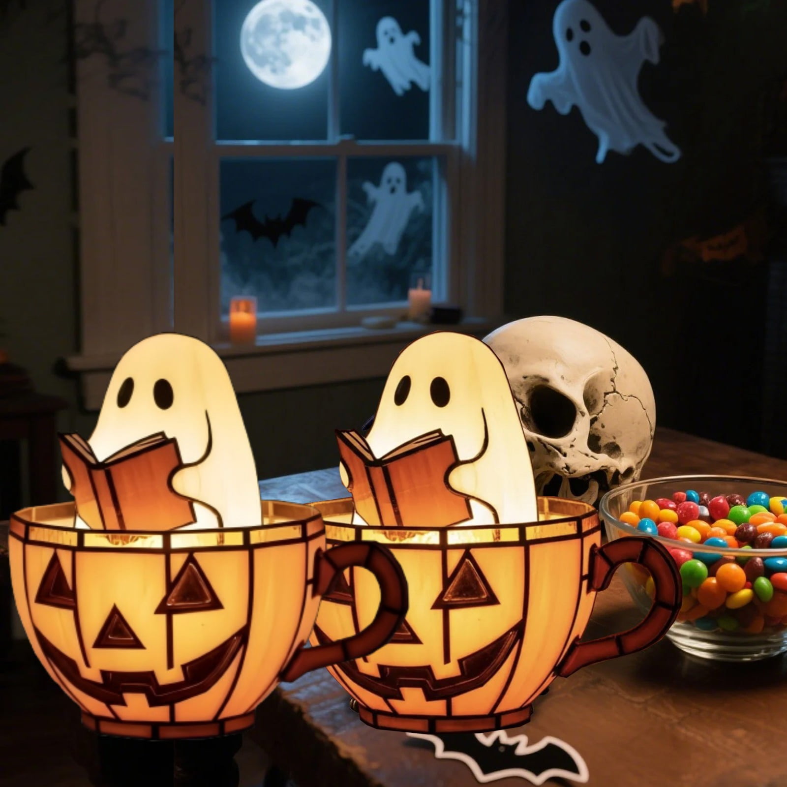 Halloween Ghosts Reading Night Light - Stained Glass Ghost Book Lamp ...