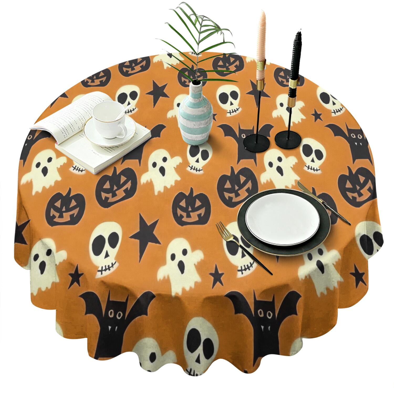 Halloween Ghosts Skulls Bats and Pumpkins Round Tablecloth 60"x60 ...