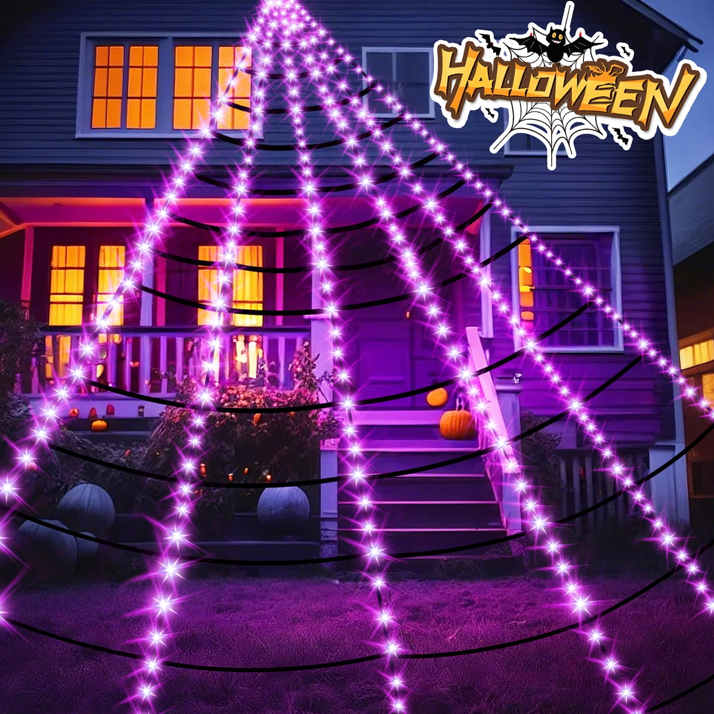 Halloween Giant Spider Web Lights,Lighted Purple Black Spider Web ...