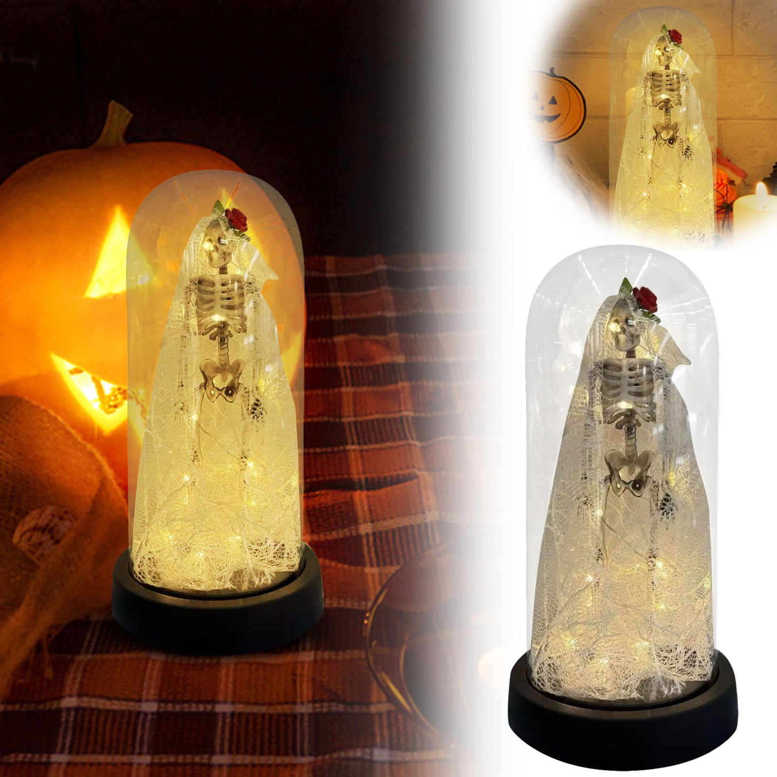 Halloween Glass Dome Skeleton Light – Spooky LED Table Lamp for Indoor ...