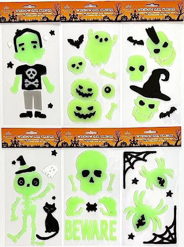 Halloween Glow-in-The-Dark Window Gel Cling Stickers - 6 Sheets of ...