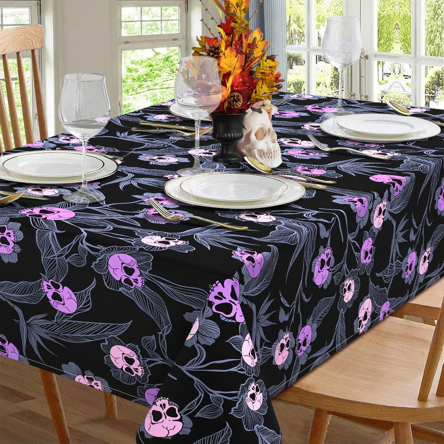 Halloween Goth Skull Tablecloth, Gothic Skeleton Table Cloth Waterproof ...