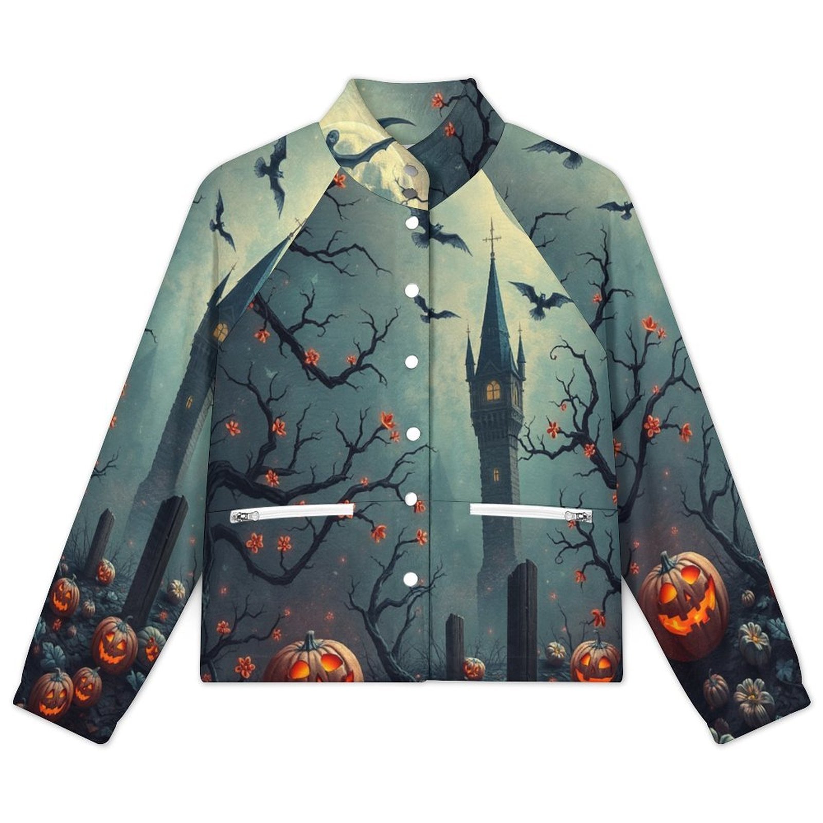 Halloween Gothic Tower Pumpkins Bats Warm Women's Plush Jacket Stand ...