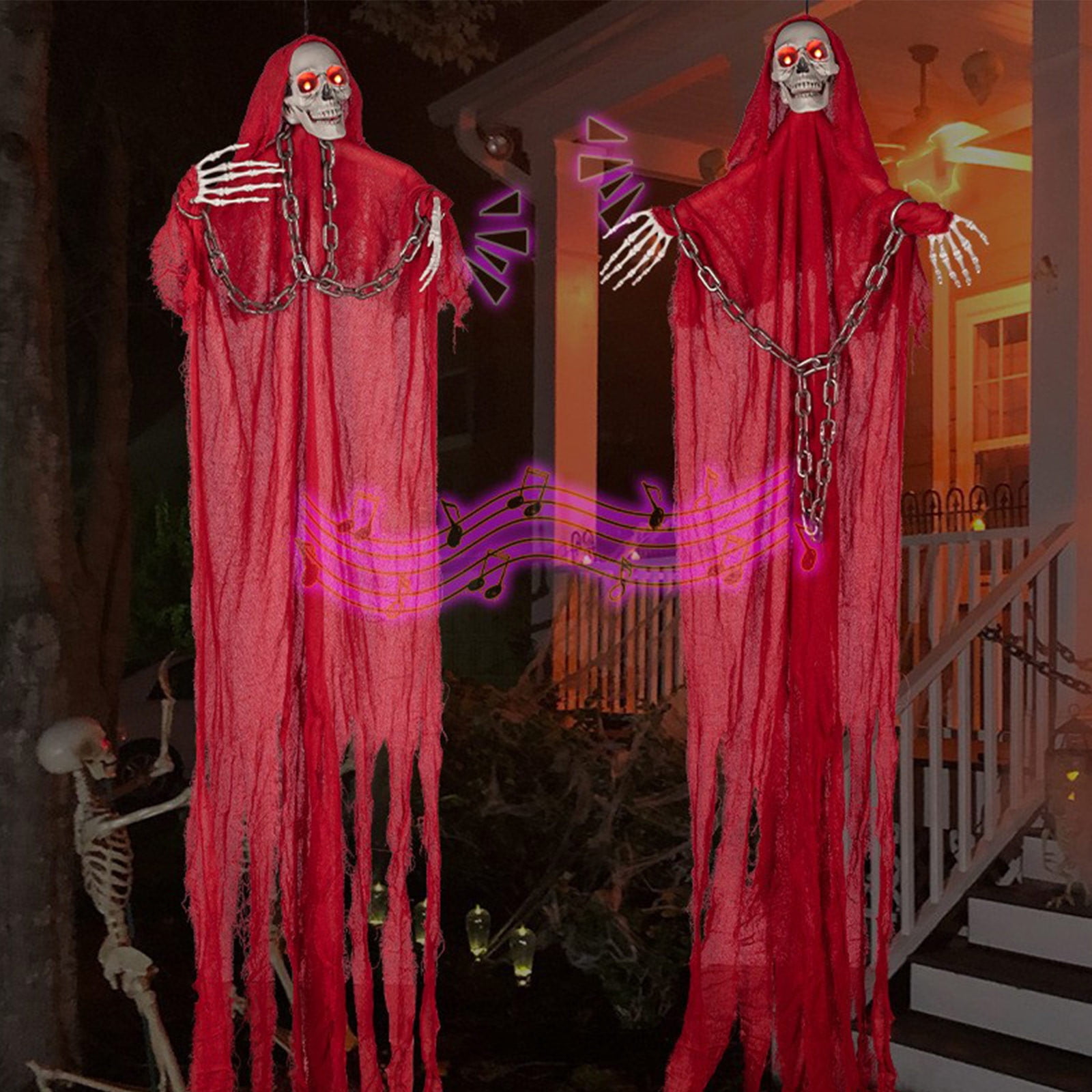 Halloween Hanging Ghost Decor - Red-Robed Chained Spirit with Glowing ...