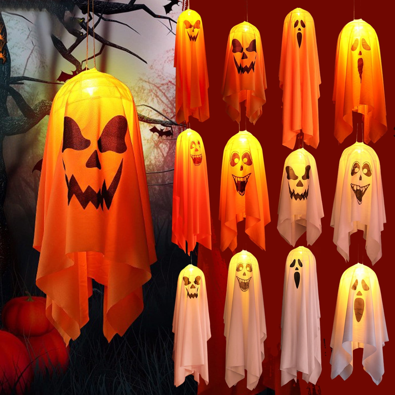 Halloween Hanging Ghost Decoration with LED Light, Orange Scary Ghost ...