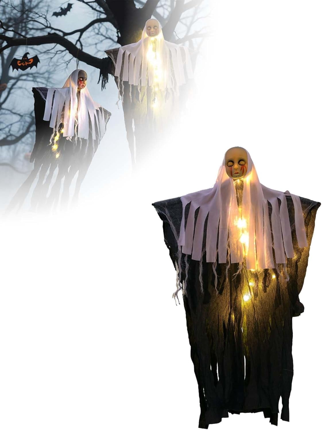 Halloween Hanging Ghost Decoration, Scary Skeleton with LED Lights ...