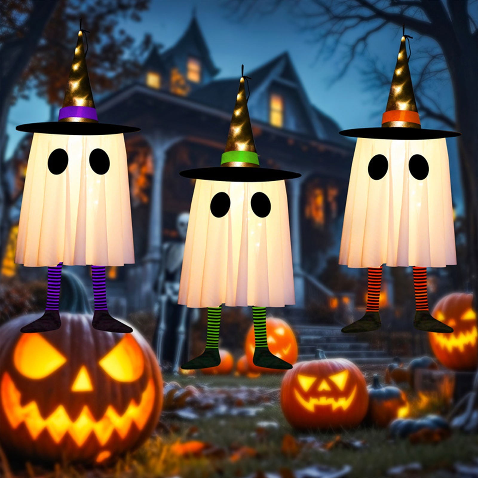 Halloween Hanging Ghost Decorations with Witch Hat and Striped Legs ...