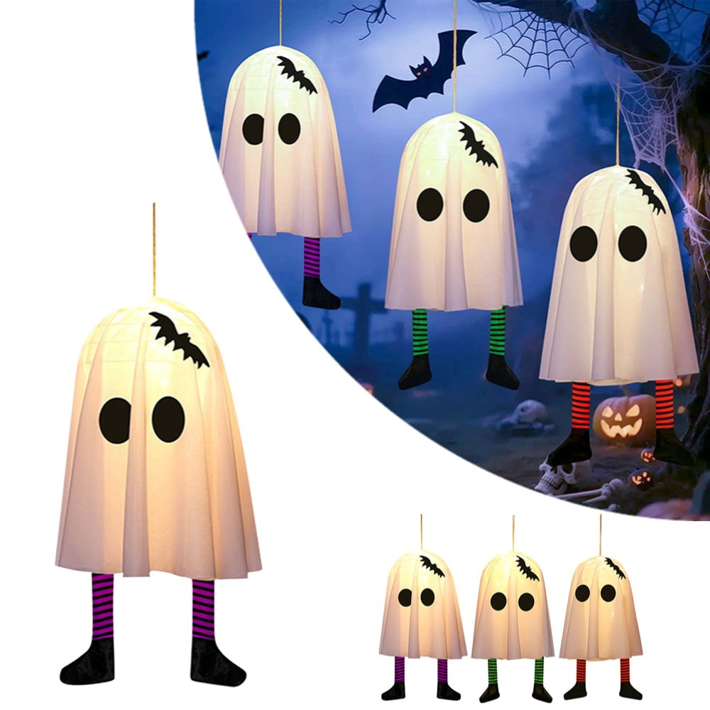 Halloween Hanging Ghosts Lighted Kit, 17.5" White Ghost with Bat and ...