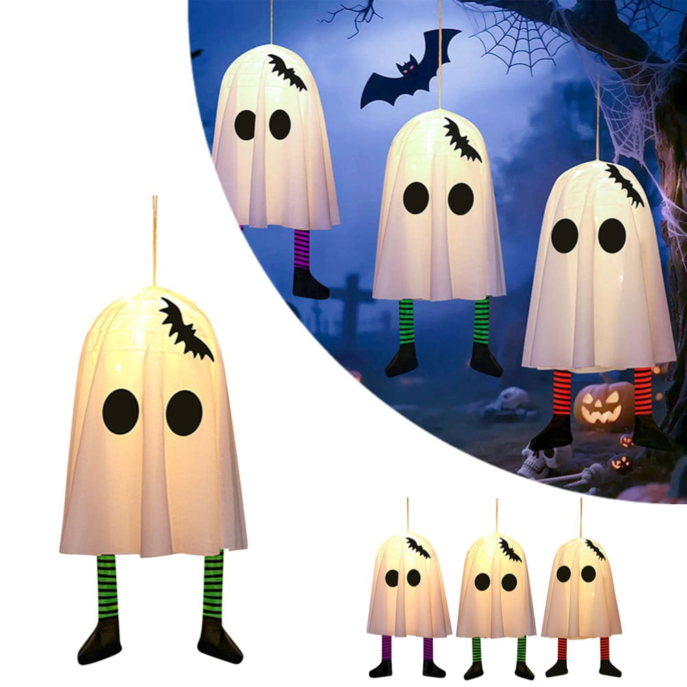 Halloween Hanging Ghosts with Warm LED, 17.5" White Ghost with Bat ...